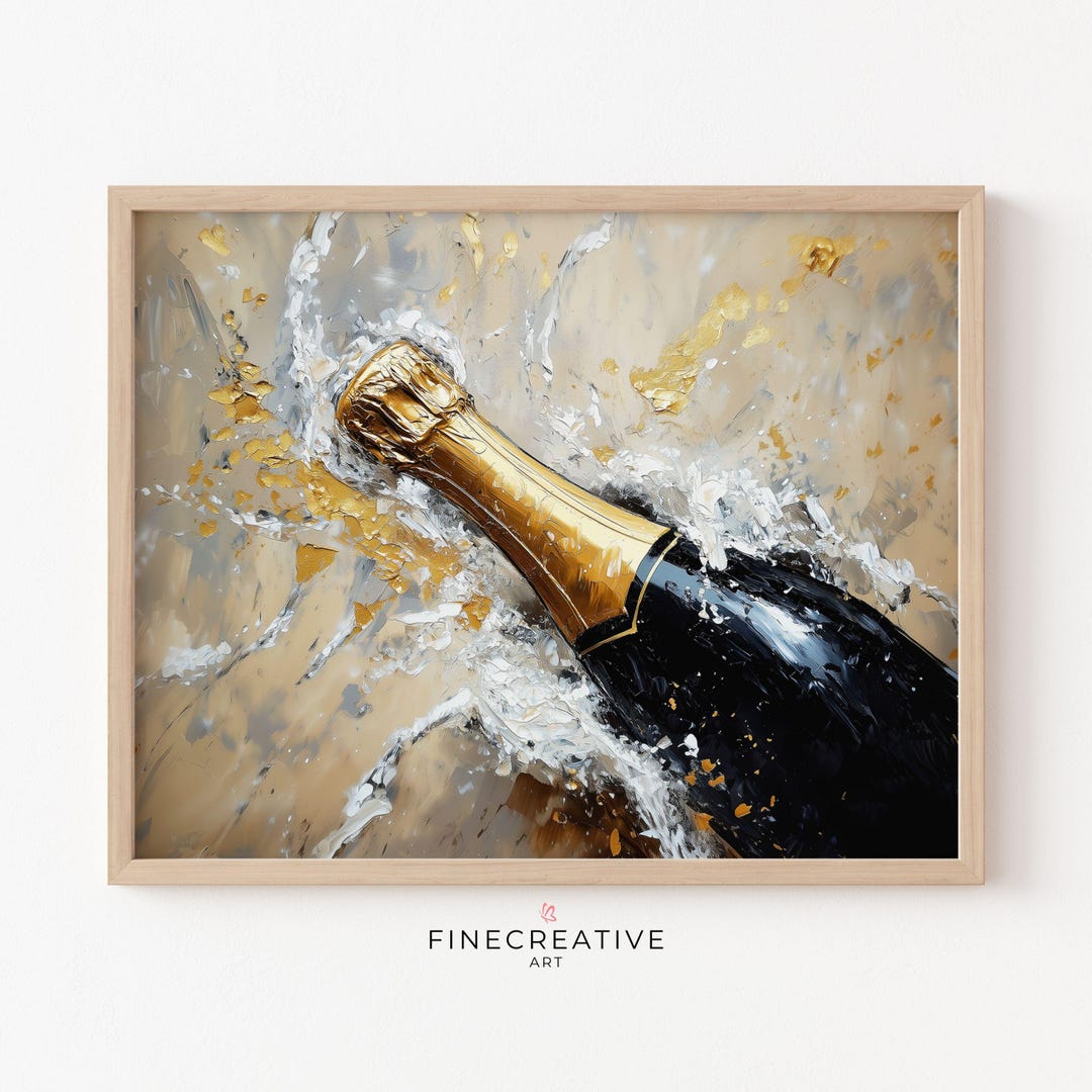 Champagne Bottle Art Print, NYE Painting, PRINTABLE Digital Wall Art ...