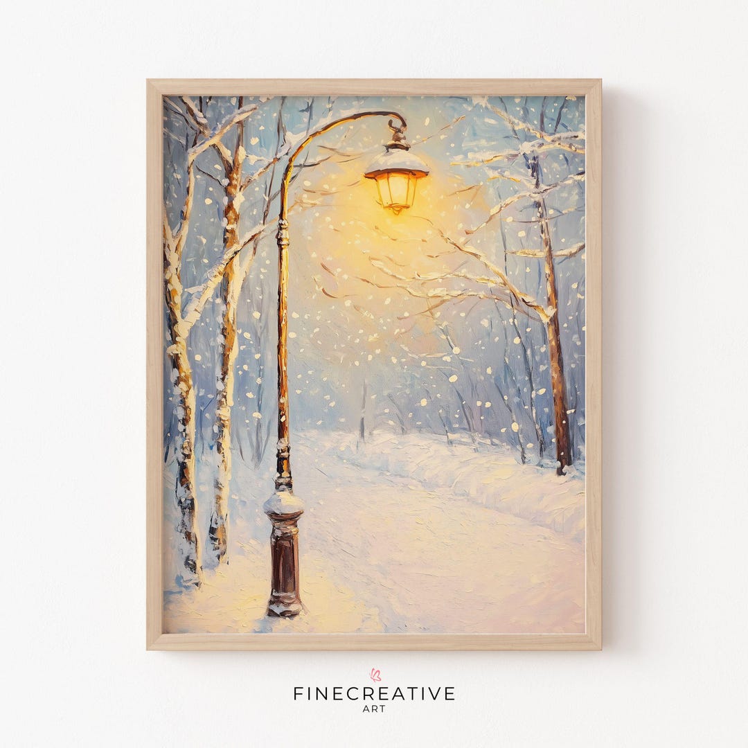 Snowy Streetlight Print | Winter Painting | PRINTABLE Wall Art | Snowy ...