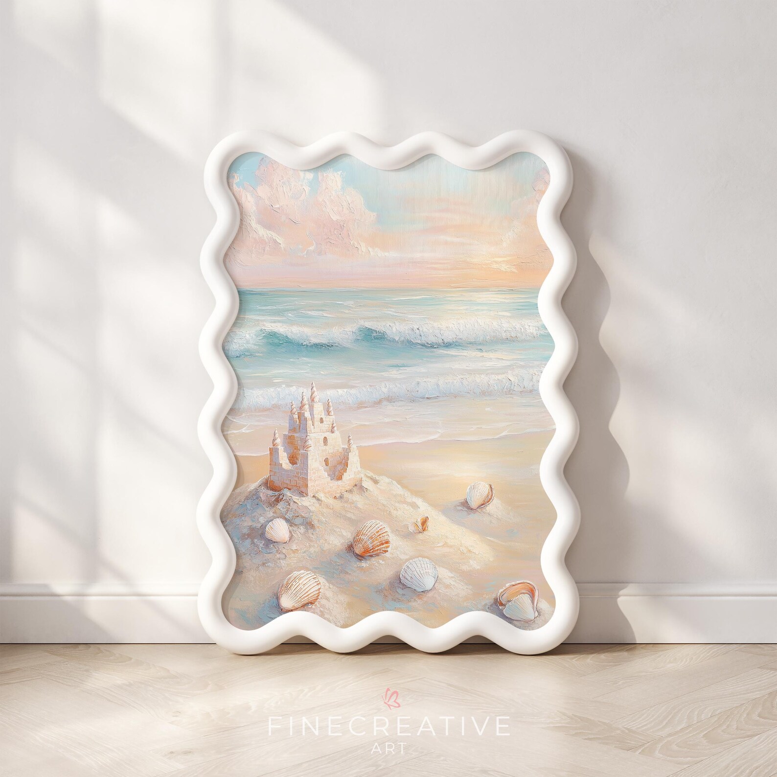 Sandcastle Print Coastal Wall Art With Seashells & Pastel Beach Sunrise ...