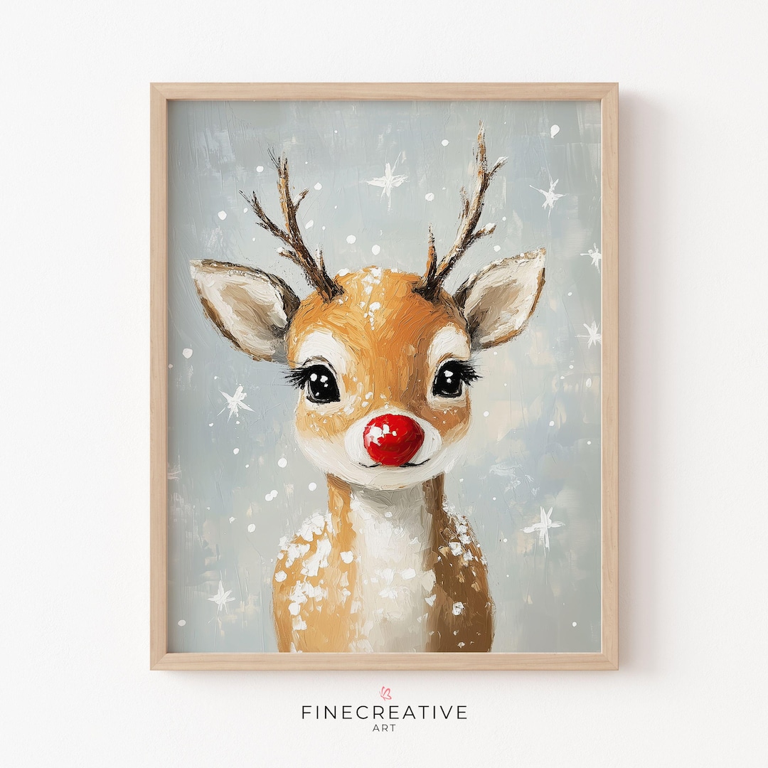Baby Rudolph Print | Winter Painting | PRINTABLE Wall Art | Red Nose ...