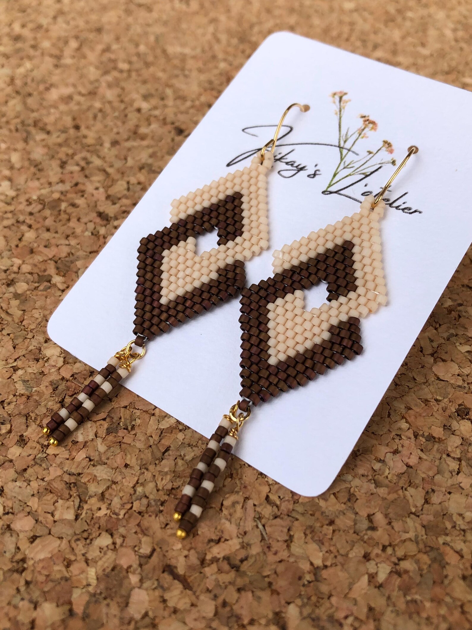 Brown and Peach Rhombus Twin Beaded Earrings - Etsy
