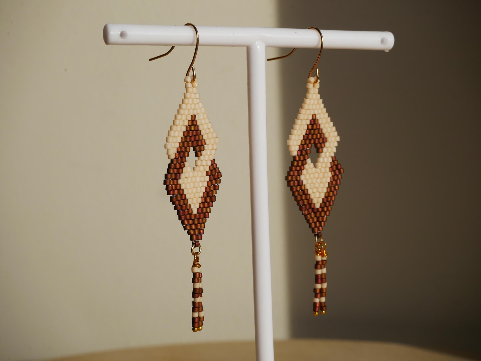 Brown and Peach Rhombus Twin Beaded Earrings - Etsy