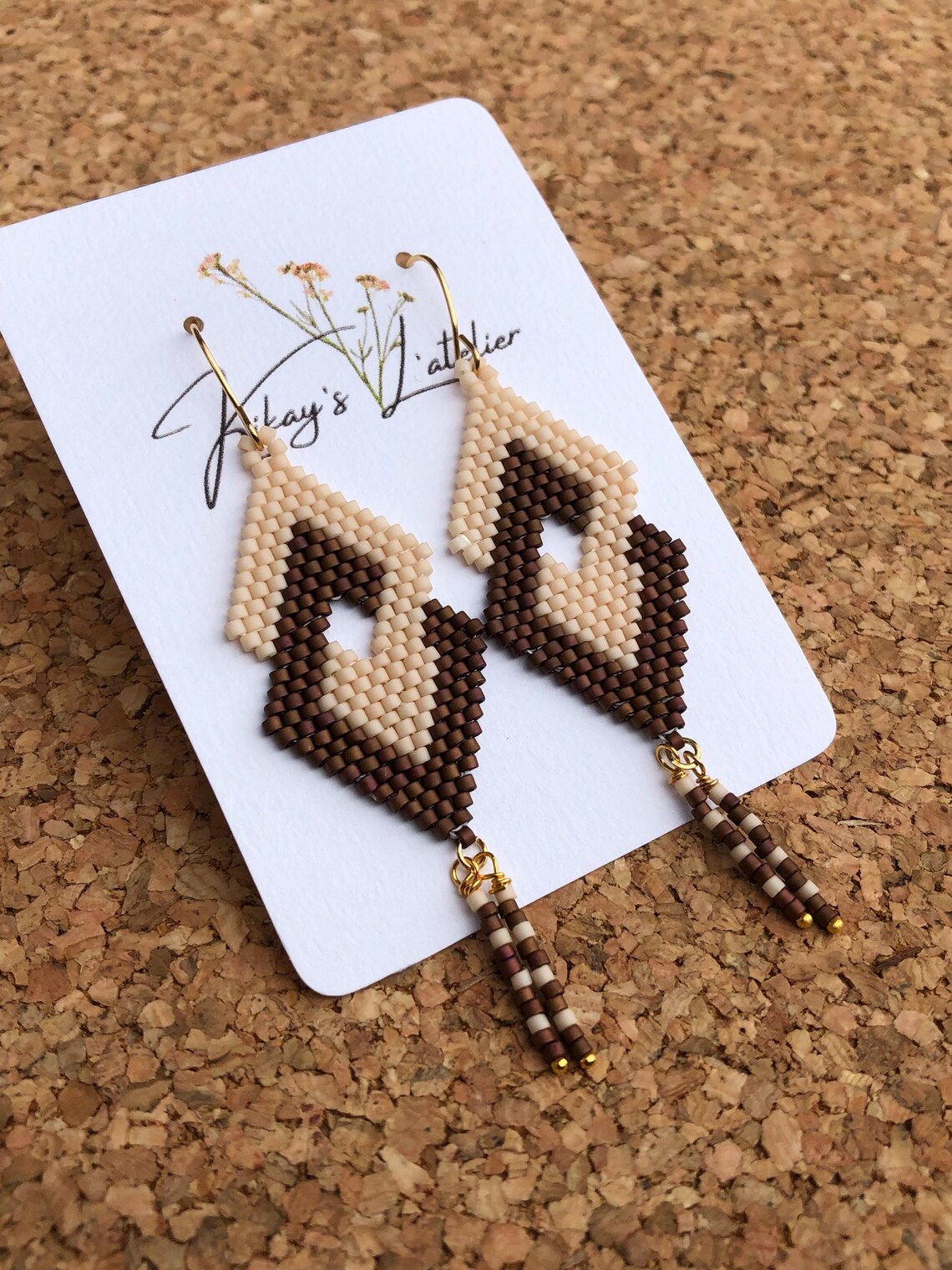 Brown and Peach Rhombus Twin Beaded Earrings - Etsy