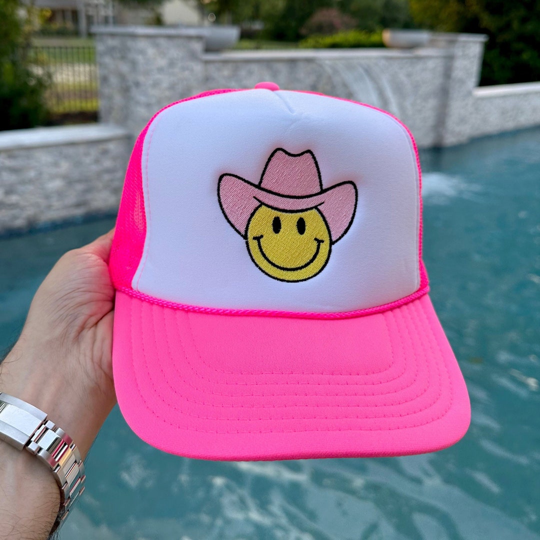 Smile Face Cowboy Embroidered Hat, Embroidery Smile Face Cowboy Trucker ...