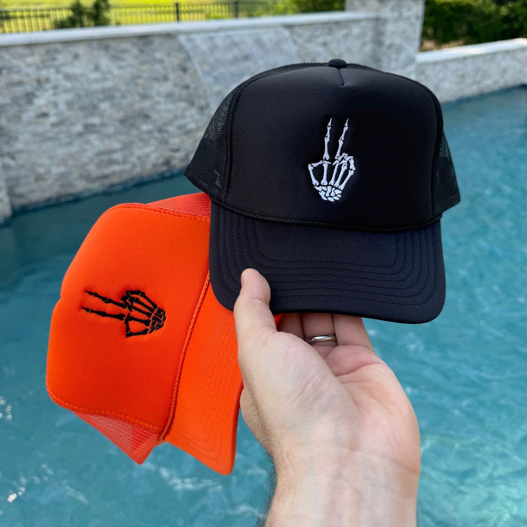 Skeleton Hand Embroidered Trucker Hat, Skeleton Hand Caps, Skeleton ...