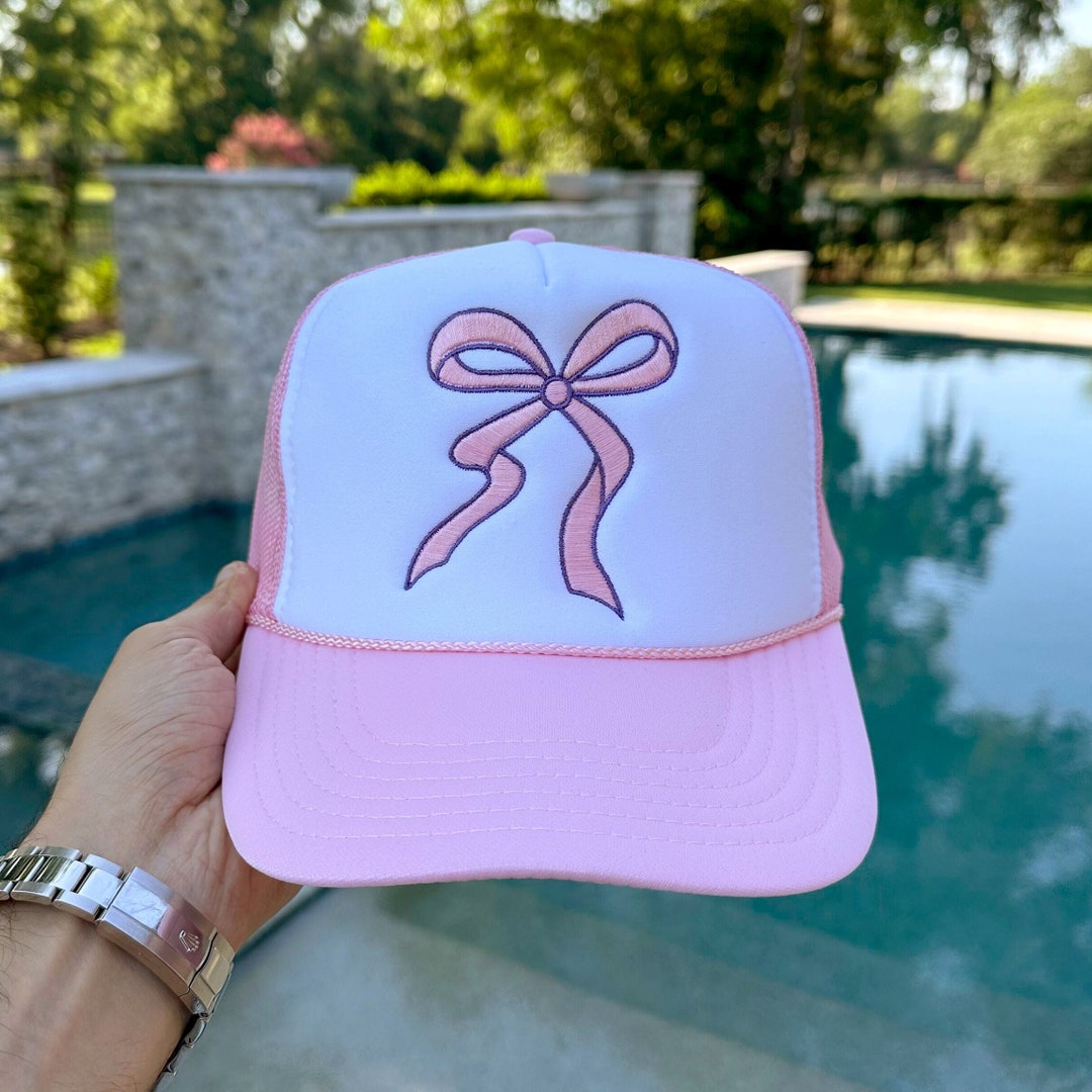 Pink Bow Embroidered Hat, Pink Bow Caps, Embroidery Pink Bow Trucker ...