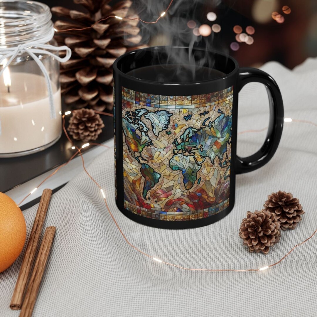 World Map Coffee Mug, World Map Gift, Stain-glass Design, Black Mug ...