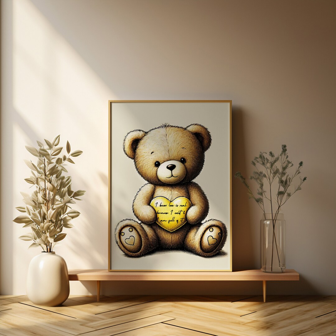 Motivational Teddy Bear Positive Print - Vintage Positivity Wall Art ...