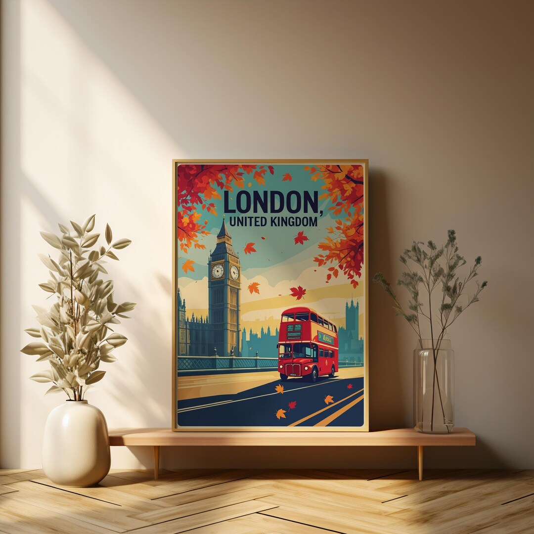 Autumn in London Art Print | Big Ben and Red Bus Wall Decor | Vintage ...