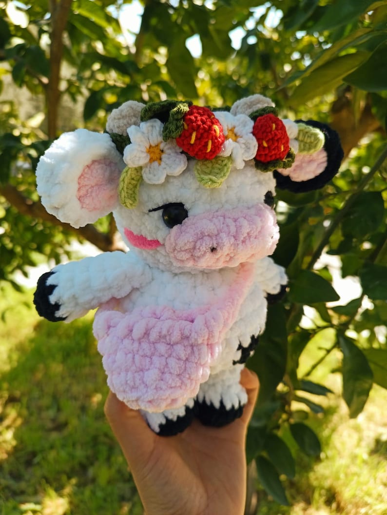 Strawberry Cow Plush, Stuffed Animal Doll, Crochet Animals Cow Kawaii ...