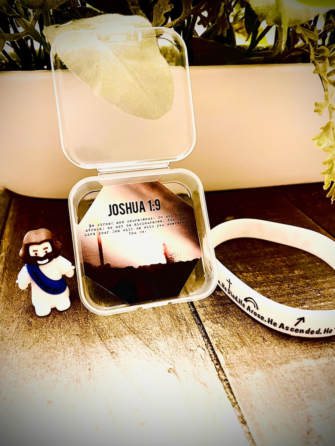 Mini Jesus Figure With Blue Sash. Small Plastic Box Containing Bible ...