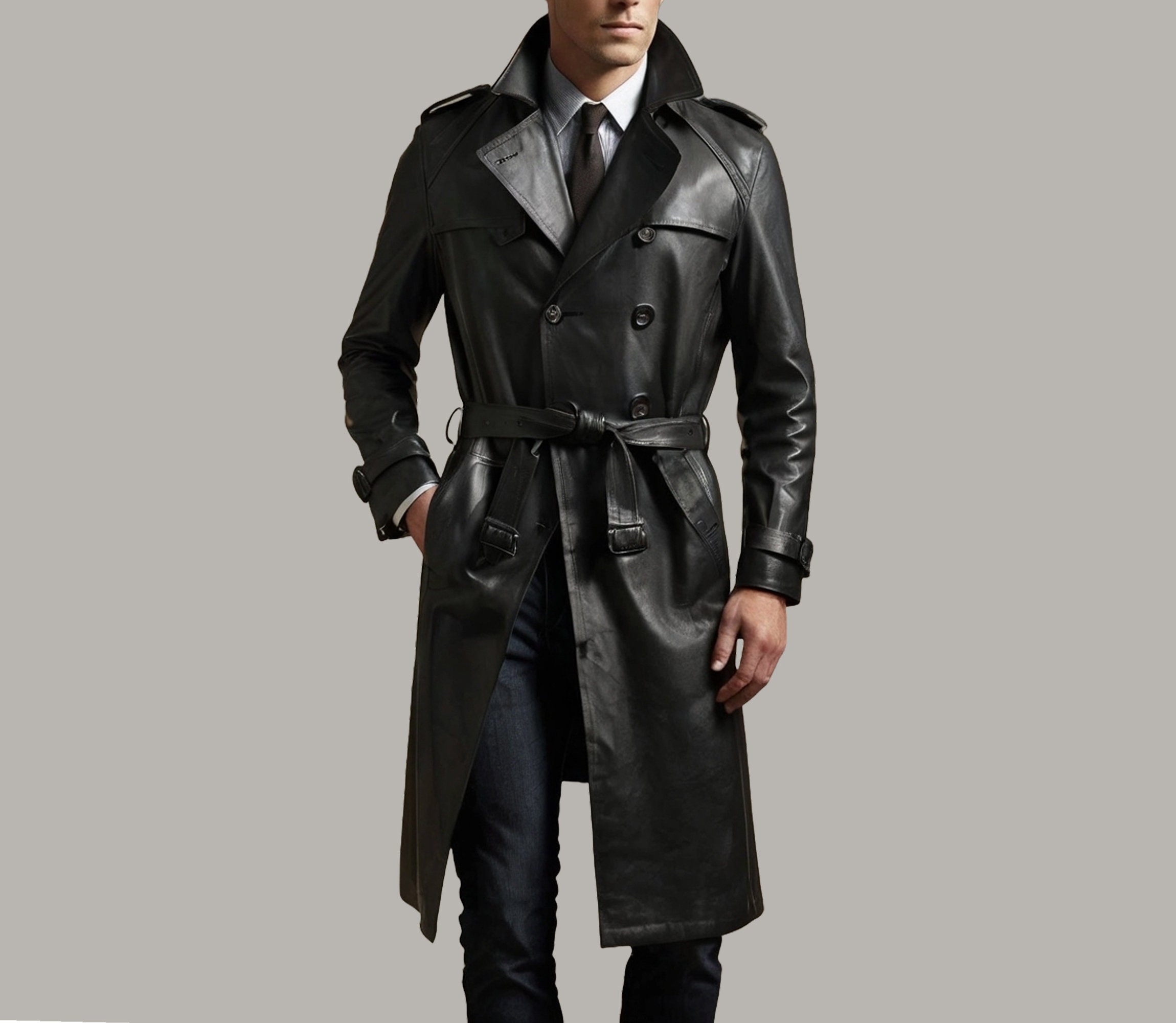 Sheep Leather Real Trench Coat Genuine Leather Black Coat Handmade Men Leather Coat Black Winter ...