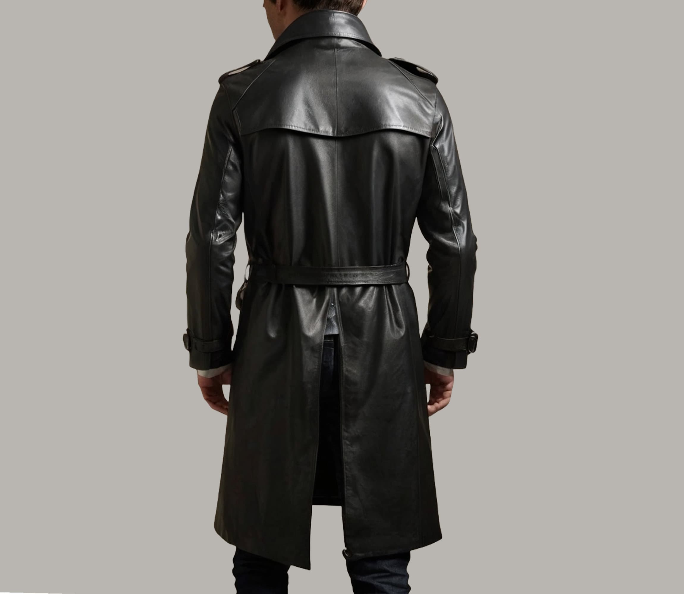 Sheep Leather Real Trench Coat Genuine Leather Black Coat Handmade Men Leather Coat Black Winter ...