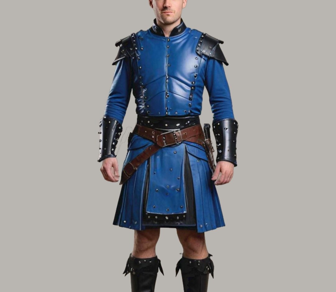 Handmade Men Leather Blue Armor & Kilt -cosplay Leather Blue Kilt ...