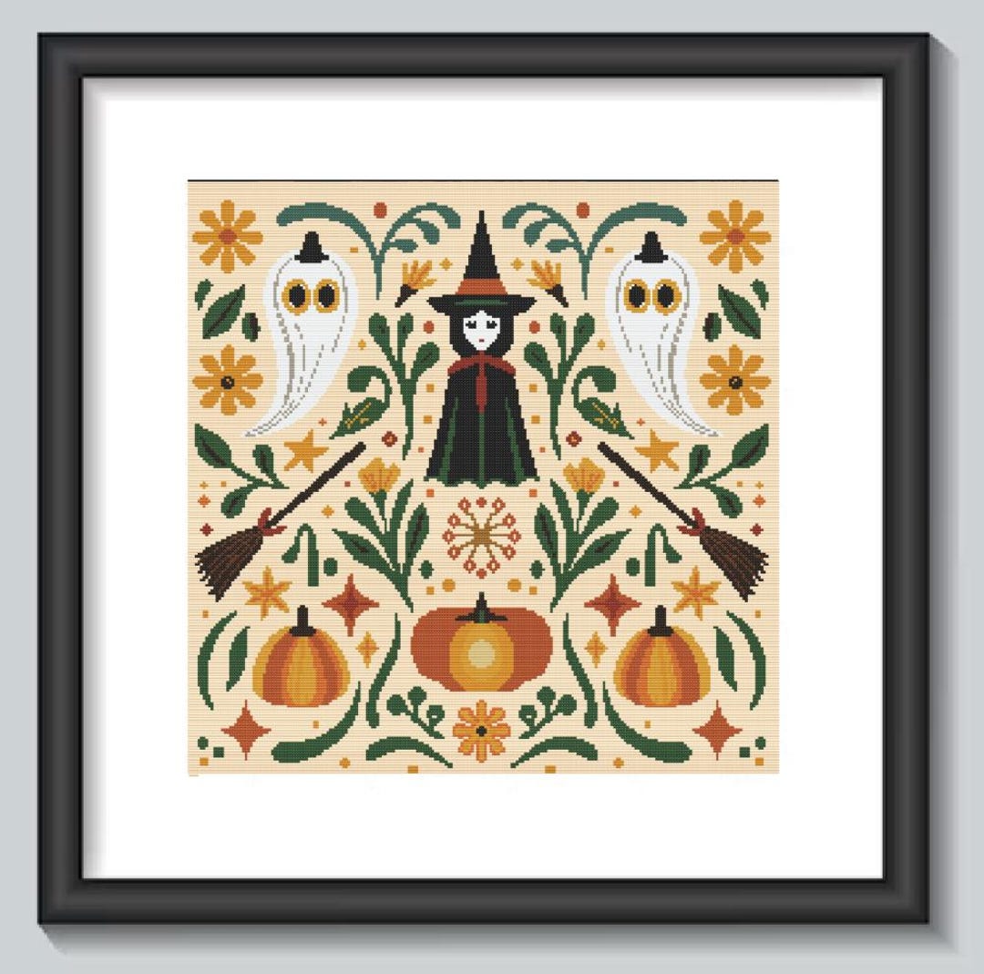 Halloween Autumn Cross Stitch • Spooky Witch, Ghosts & Pumpkins in ...
