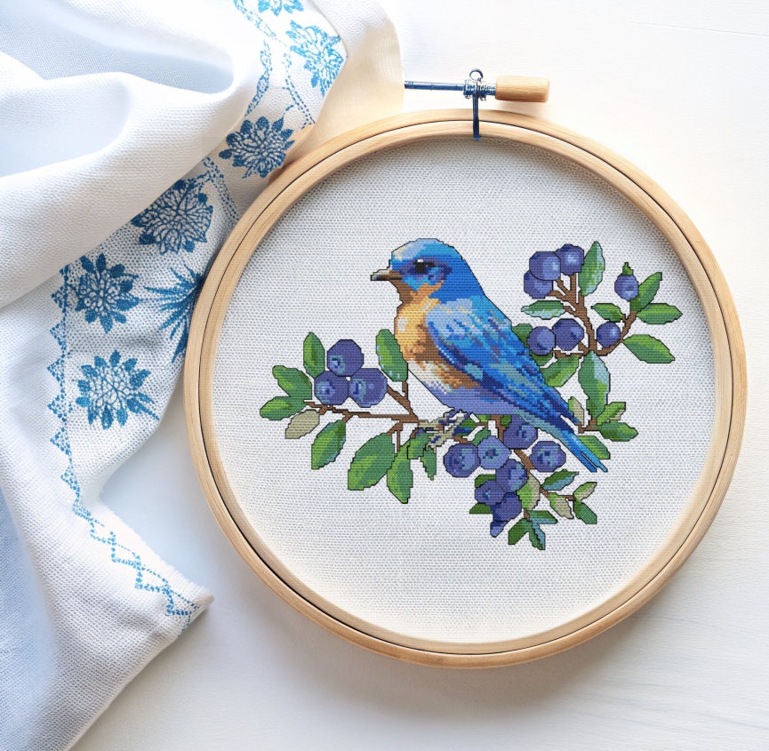Bluebird and Blueberries Cross Stitch Pattern: Spring Bird Decor (PDF ...