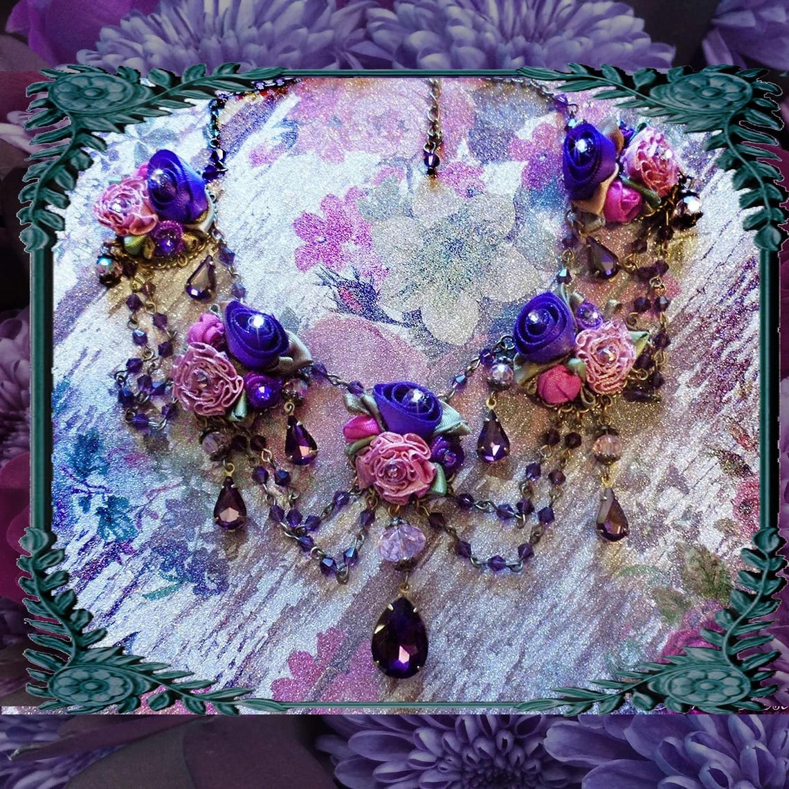 Purple & Pink Rose Necklace With Violet Crystal Jewels, Floral Shabby ...