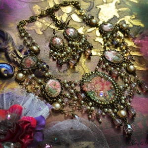 Victorian Floral Necklace & Chandelier Earrings Set, Shabby Chic Cream ...