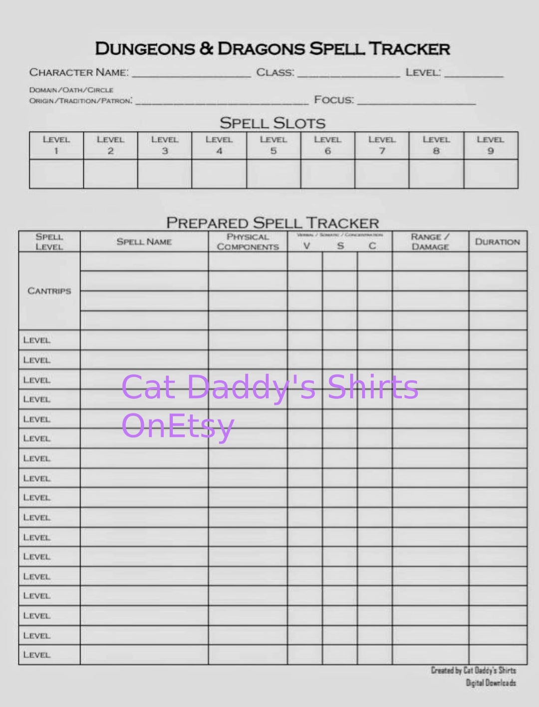 Printed Dungeons and Dragons Spell Tracker Sheets 50 Quality Laser ...