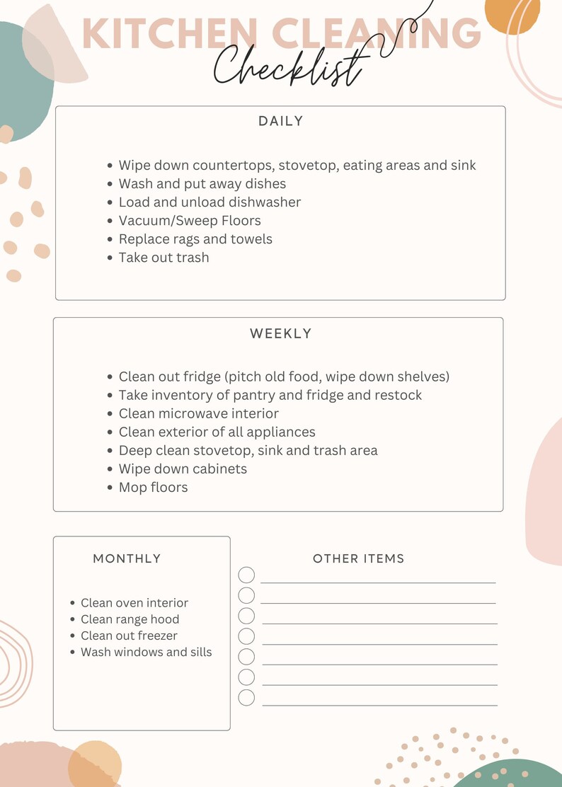 Downloadable Kitchen Cleaning Schedule Daily, Weekly and Monthly Tasks ...