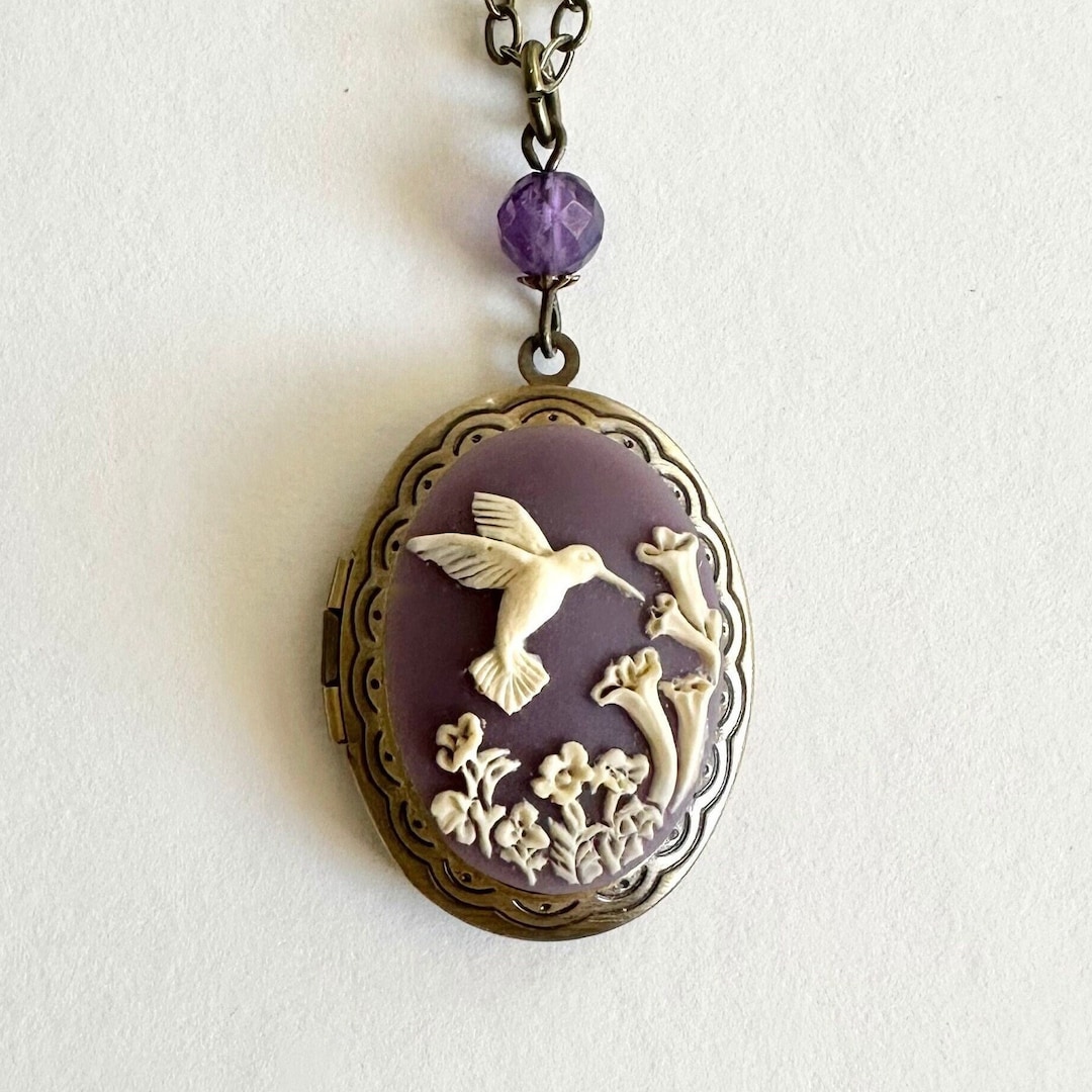 Purple Hummingbird Cameo Locket Necklace: Amethyst Bead, Soldered Brass ...