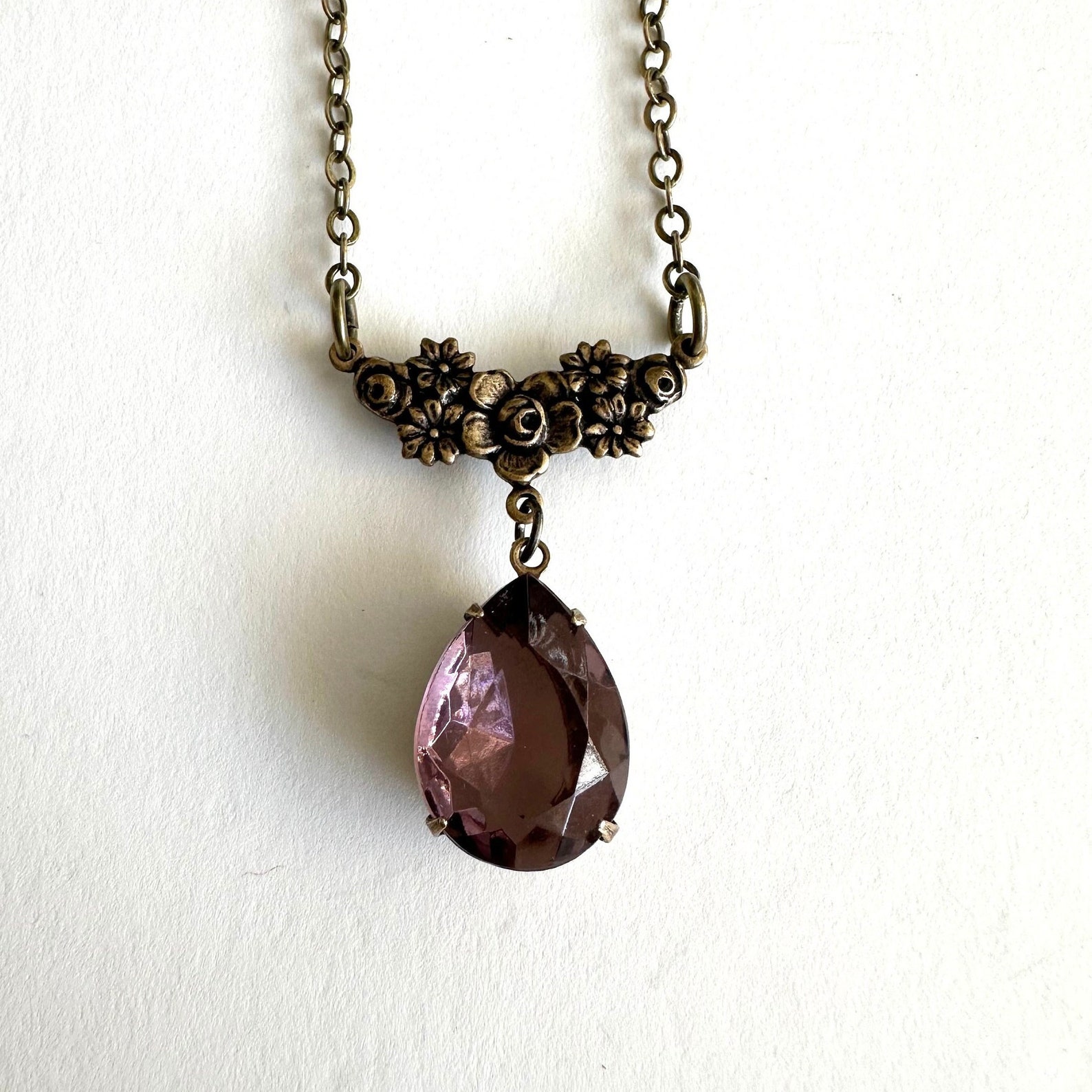 Purple Teardrop Jewel Necklace: Art Nouveau Style, Brass Floral ...