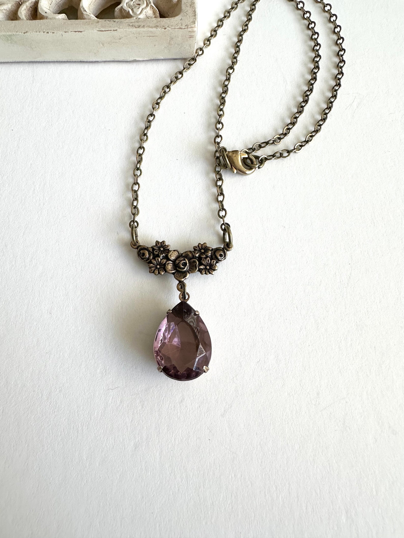Purple Teardrop Jewel Necklace: Art Nouveau Style, Brass Floral ...
