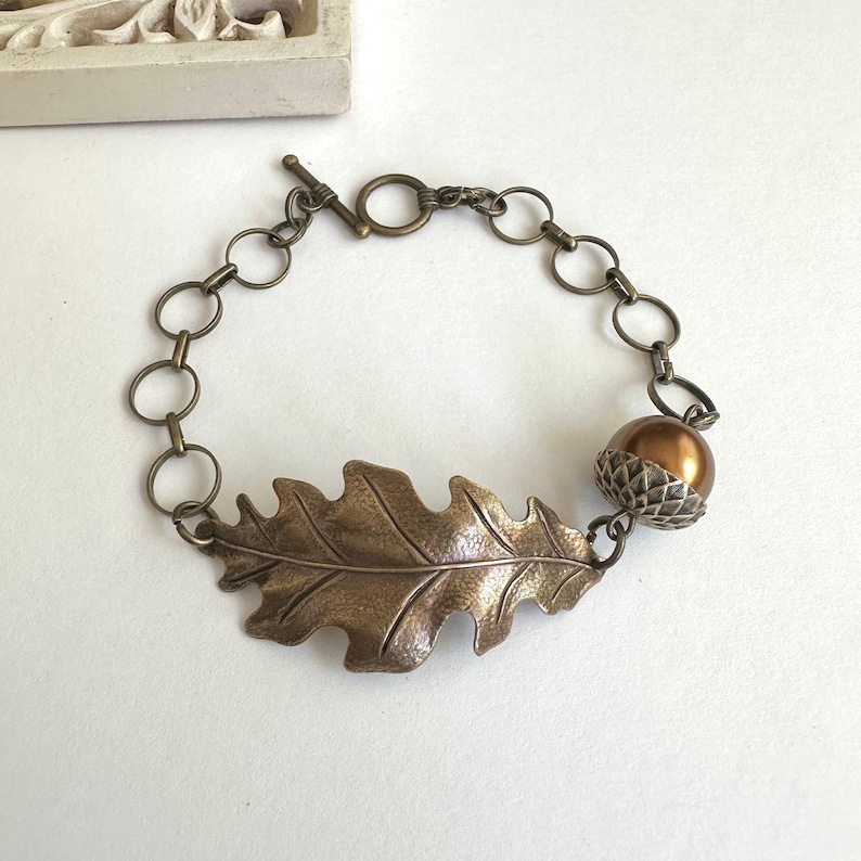 Brass Oak Leaf Bracelet: Copper Acorn, Vintage Style Cuff, Nature ...