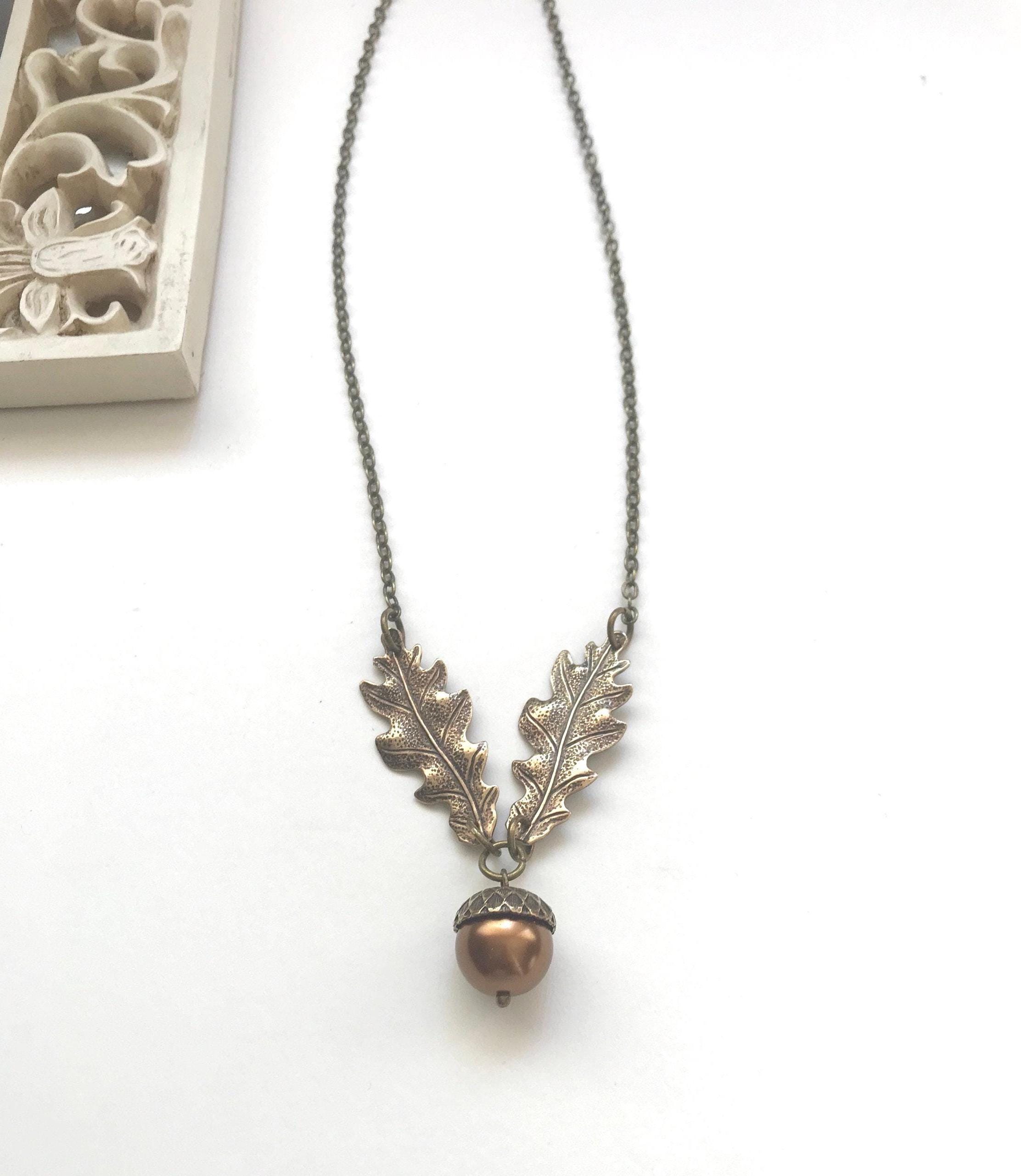Brass Oak Leaf and Acorn Necklace: Copper Pearl, Vintage Style - Etsy