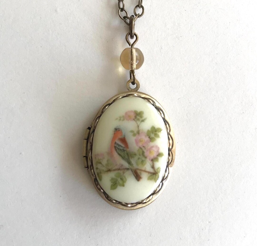 Spring Robin Locket Necklace, Oval Brass Locket, Bird Cherry Blossoms ...