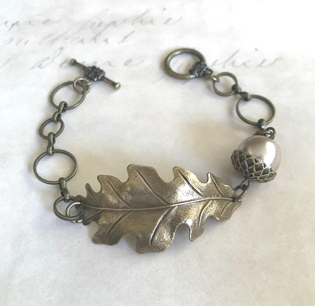 Brass Oak Leaf & Acorn Bracelet - Large Beige Glass Pearl, Nature ...