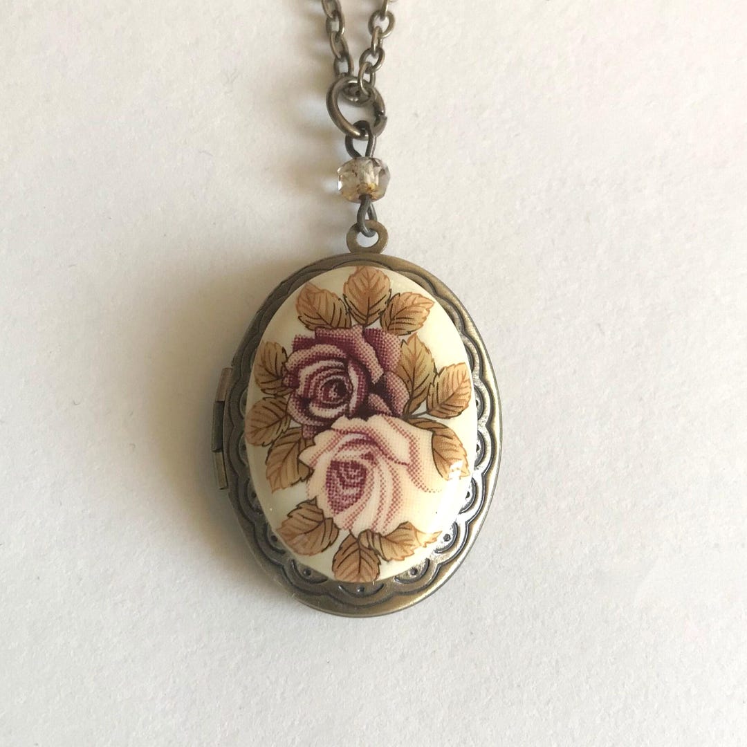 Vintage Rose Locket Necklace: Oval Brass Locket, Porcelain Floral Cameo ...