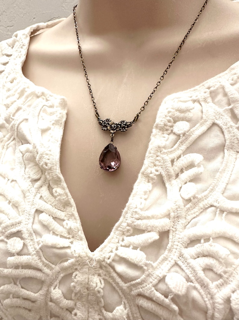 Purple Teardrop Jewel Necklace: Art Nouveau Style, Brass Floral ...