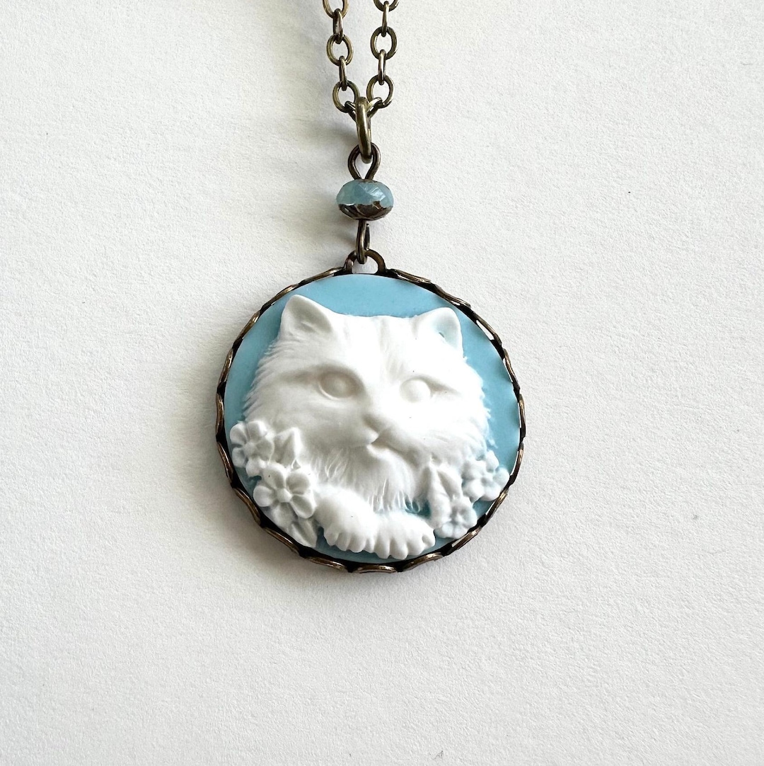 Kitty Cat Cameo Necklace, Blue Cameo With Brass Setting, Vintage Style ...
