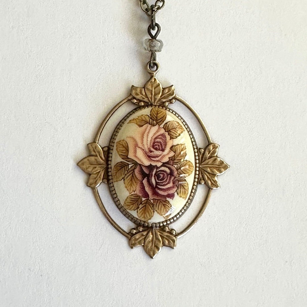 Porcelain Rose Pendant Necklace, Oval Brass Setting, Victorian Style ...