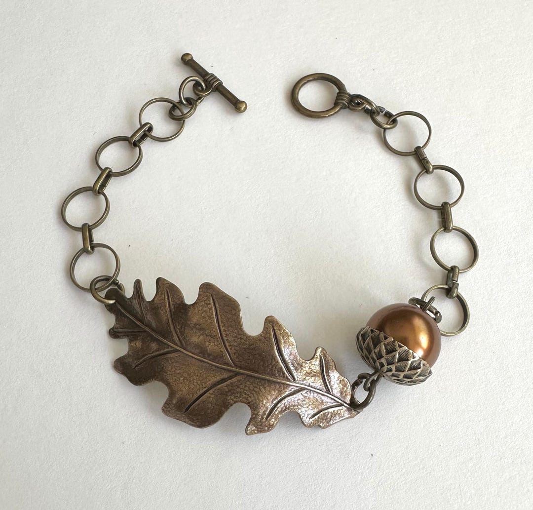Brass Oak Leaf Bracelet: Copper Acorn, Vintage Style Cuff, Nature ...