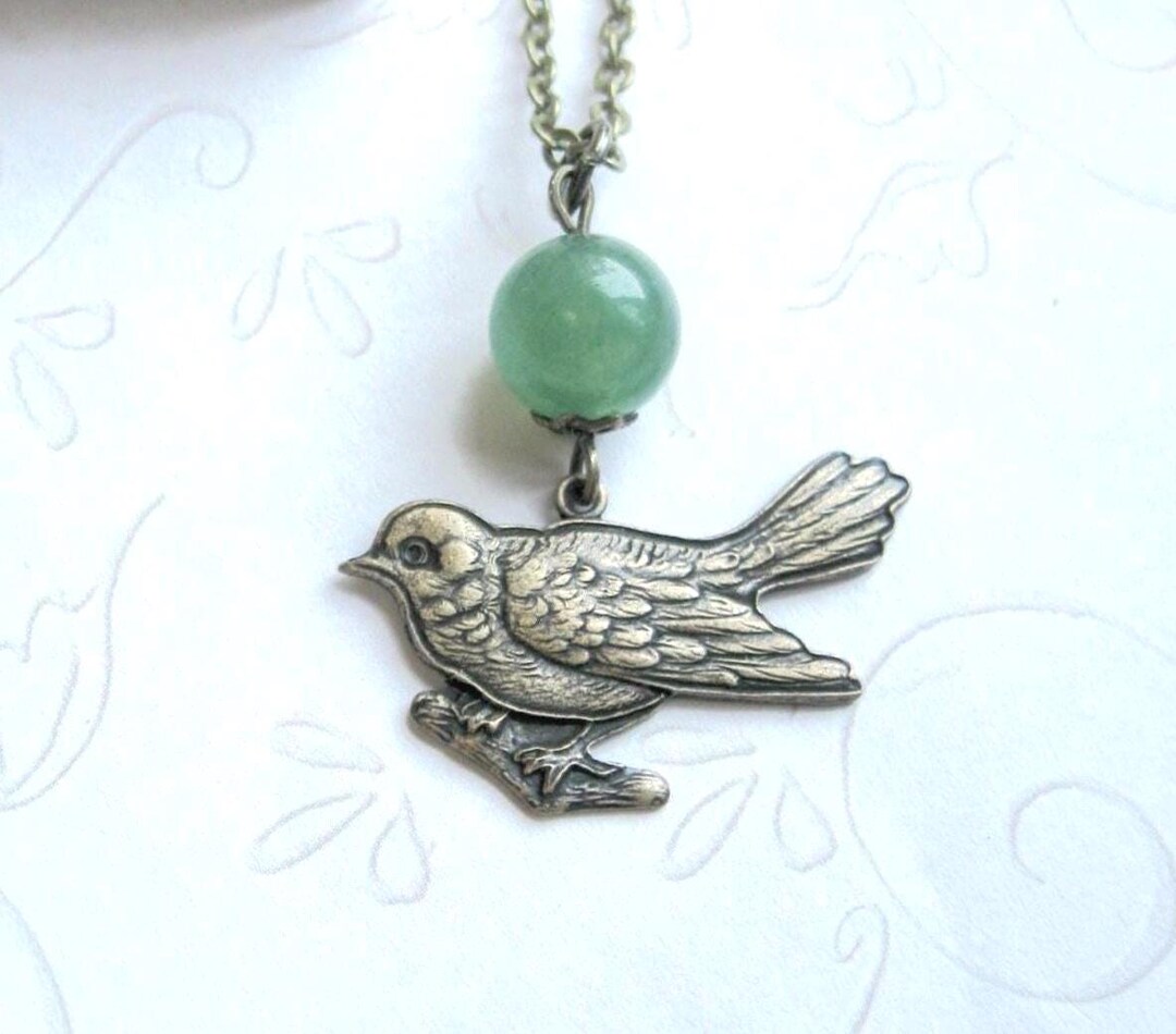Spring Robin Bird Necklace, Green Jade Bead, Soldered Brass Chain ...