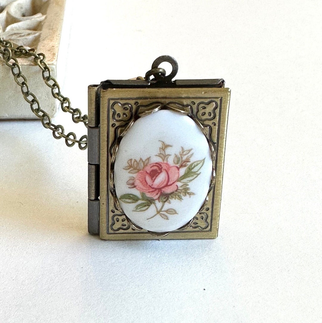 Pink Rose Locket Necklace: Vintage Book Style Brass Keepsake - Etsy