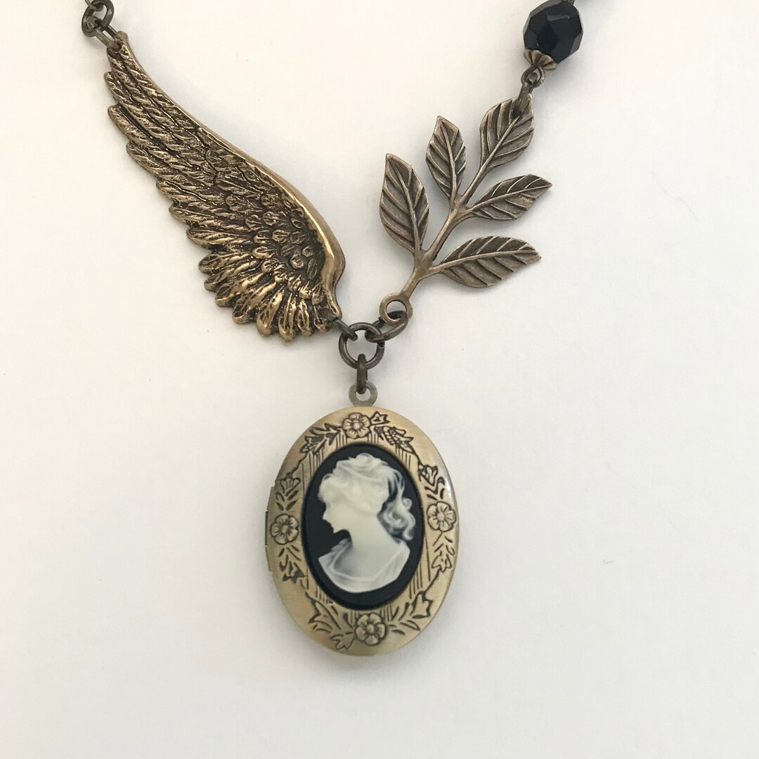 Black Cameo Locket Necklace, Brass Oval Locket With Lady Cameo, Photo ...