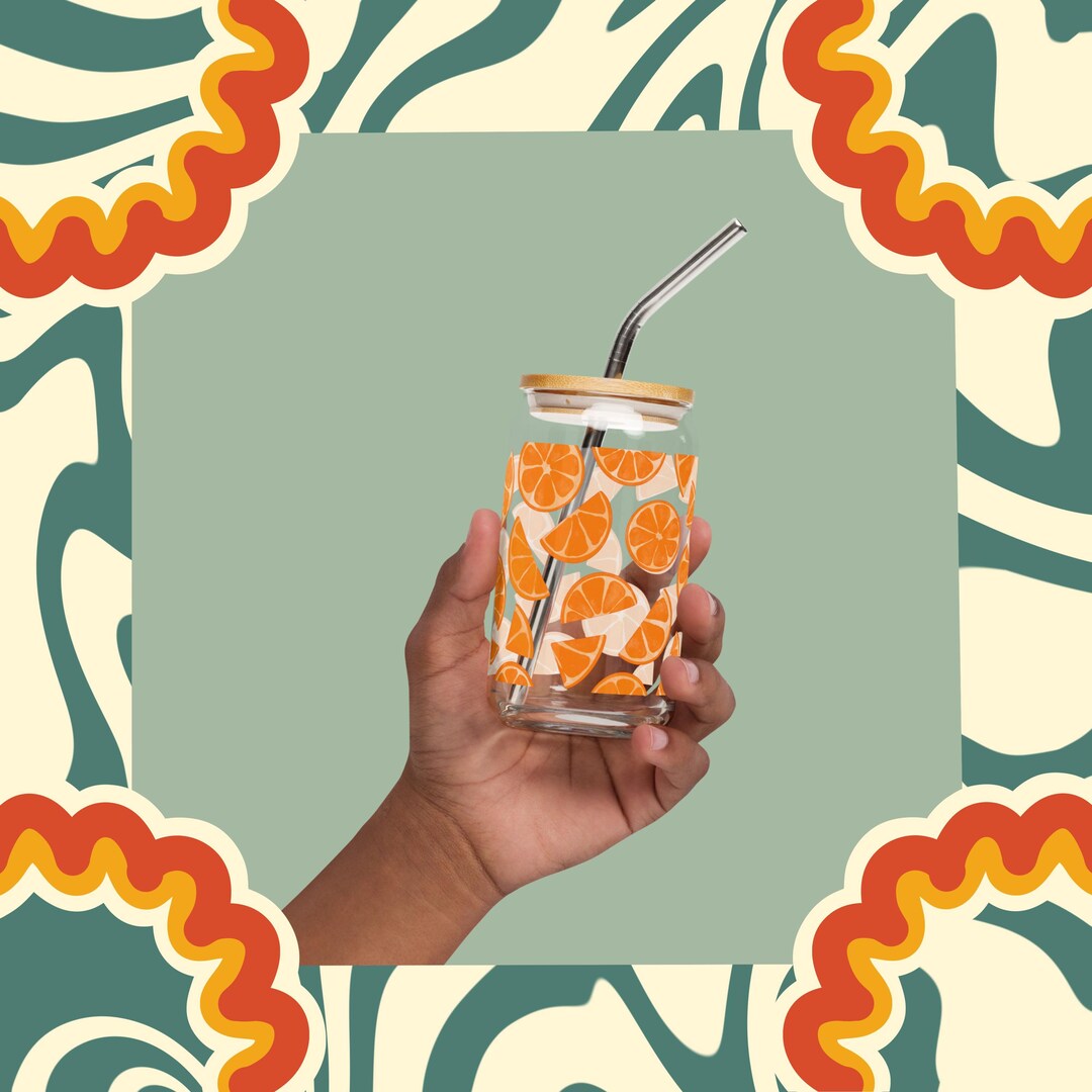 Orange Glass Can Cup With Bamboo Lid & Metal Straw – 16oz Fruit Lover ...