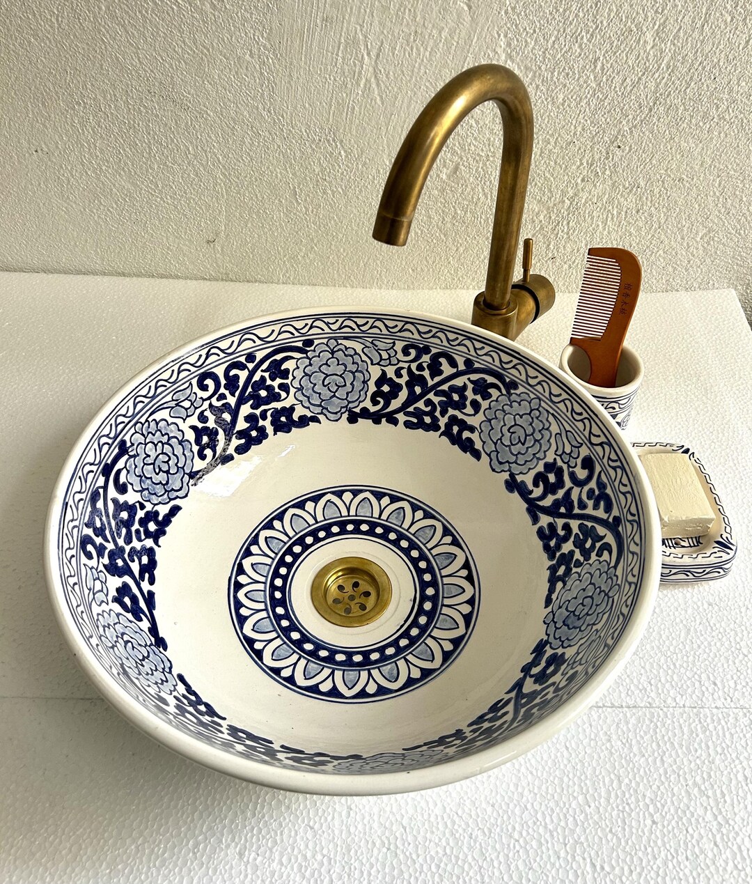 Blue Flower Sink Bowl, Handcrafted Vessel Sink - Custom-made Basin ...