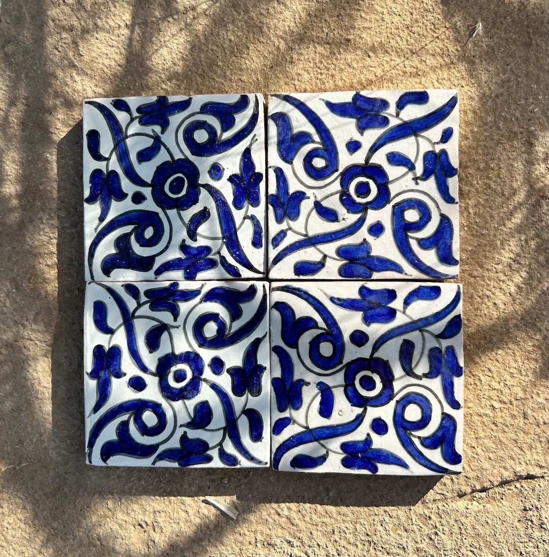 Handmade Moroccan Zellige Tile, Blue Flower Mosaic, 4x4 Clay Tile - Etsy
