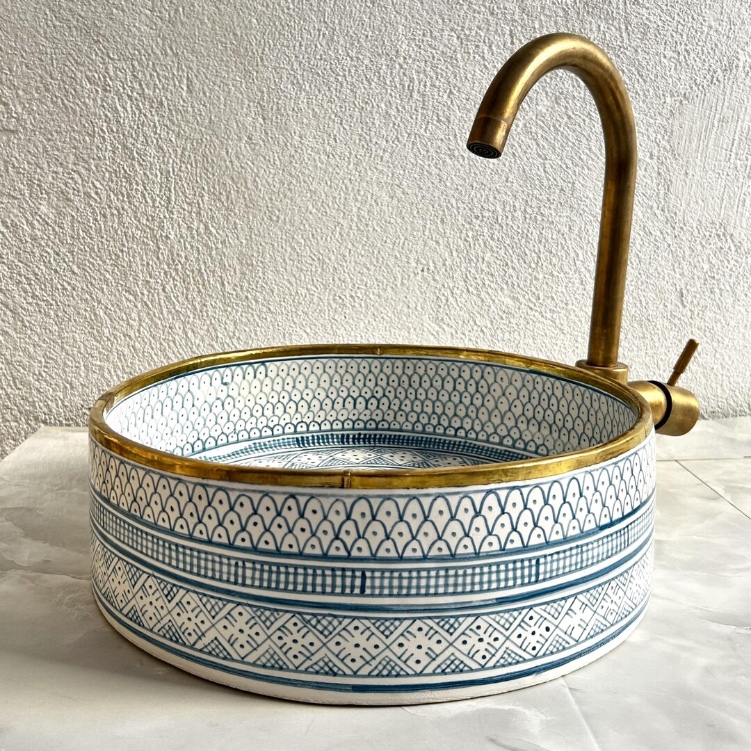 Ocean Blue Sink Brass Rim, Sink for Bathroom, Rustic Paint Ceramic ...