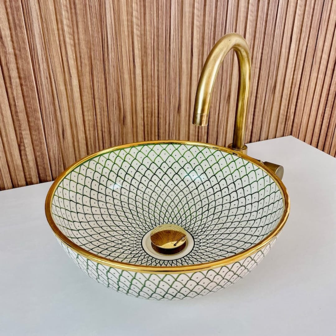 Bathroom Ceramic Sink With 14K Gold Rim, Custom Made Vessel Sink, Round ...