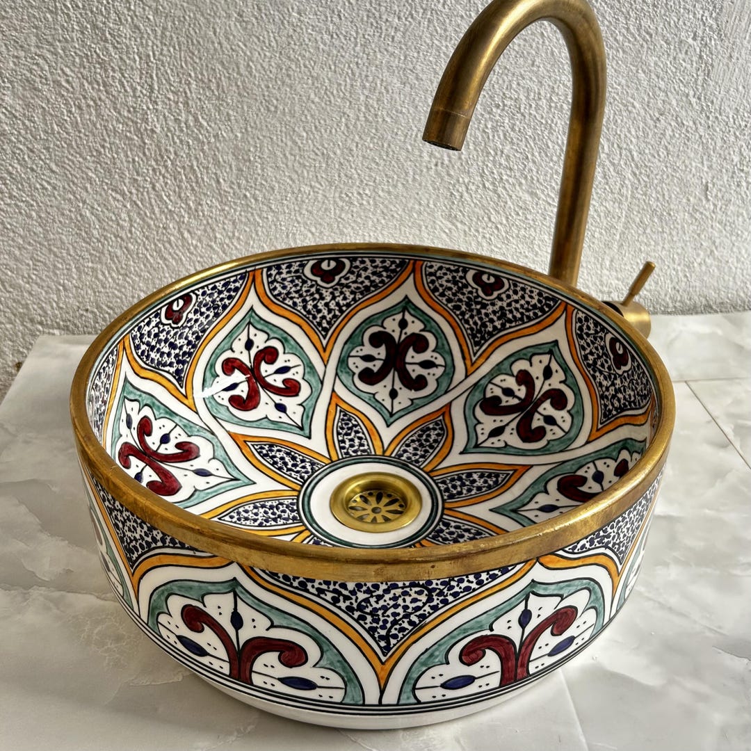 Flower Sink With Brass Rim, Essahly Sink for Bathroom, Artful Ceramic ...