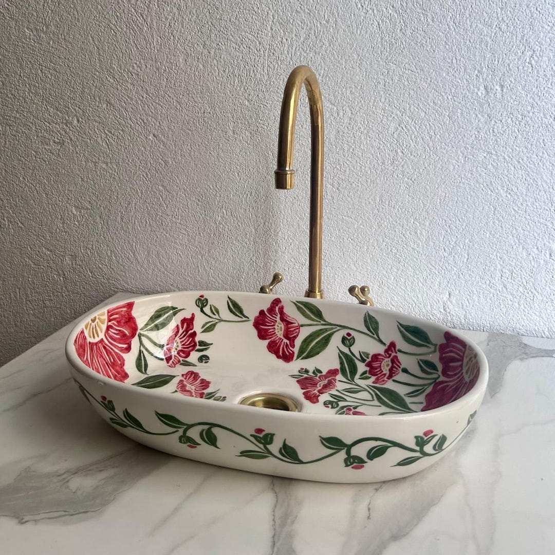 Red Flower Oval Sink, Hand Painted Floral Vessel Sink, New Ceramic Sink ...