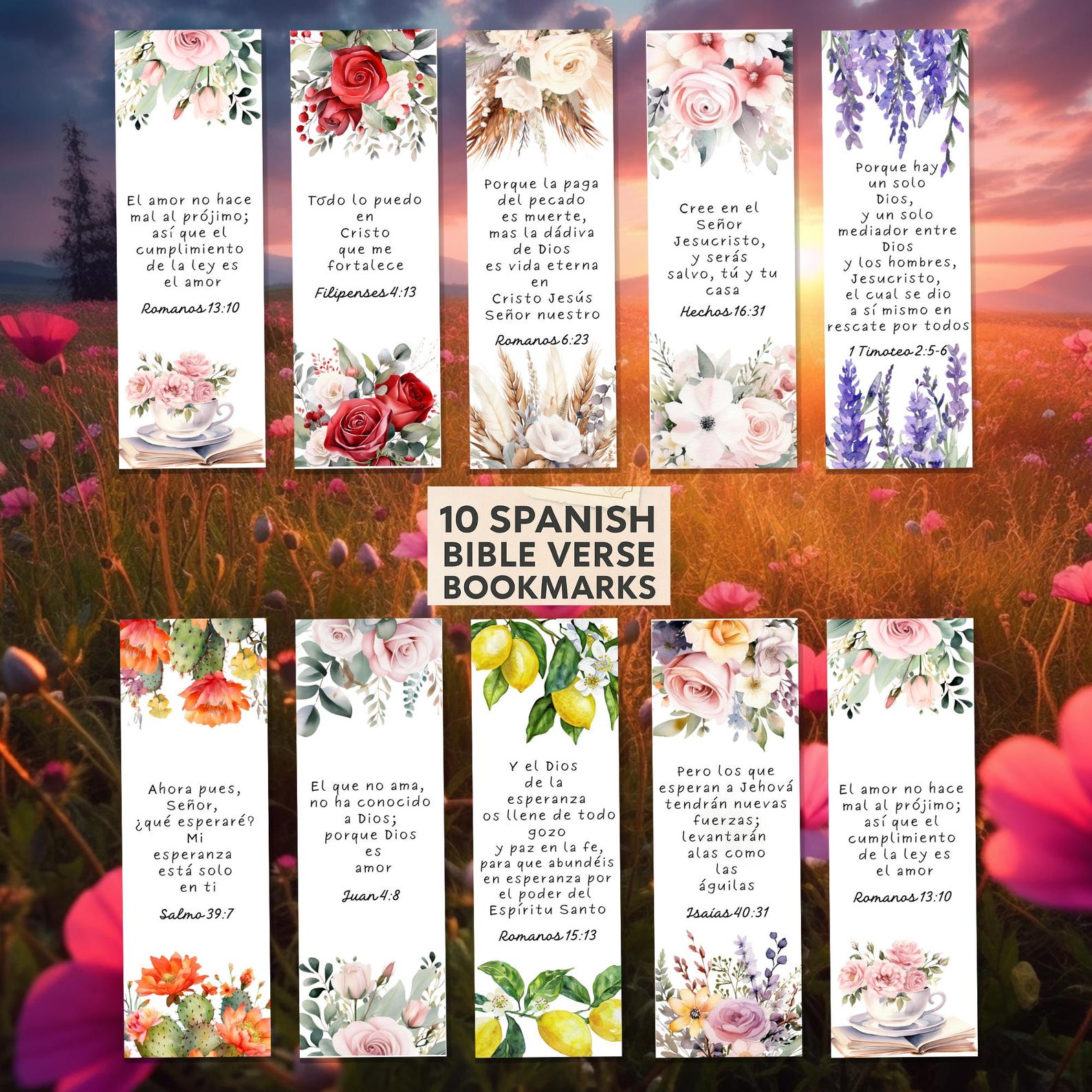 10 Spanish Bible Verse Bookmark Bundle, Printable Floral Bookmark ...