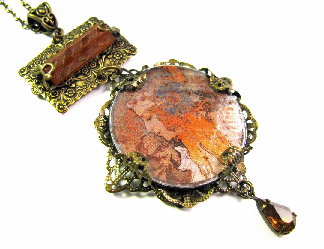 Mucha Byzantine Filigree Necklace: Vintage Czech Glass Gem, Whiskey ...