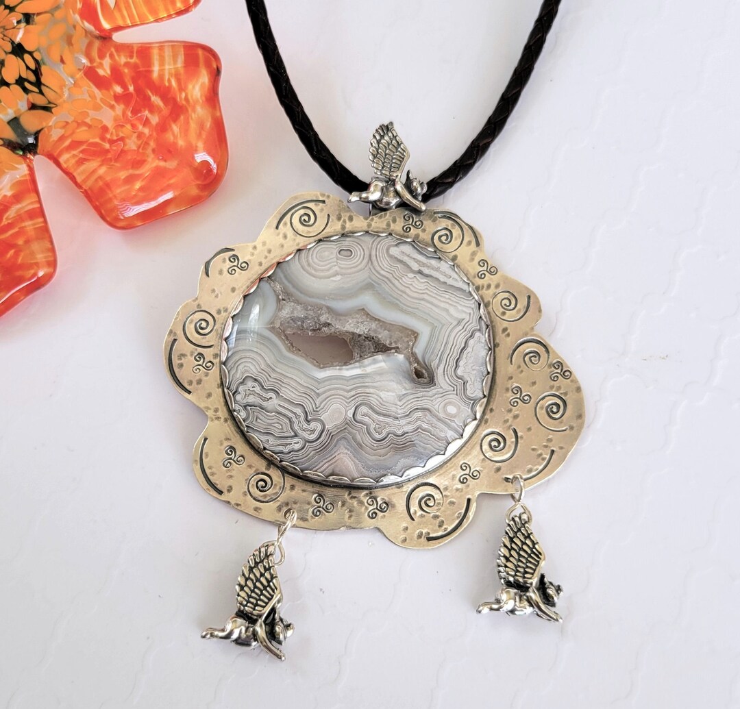 Remember to Laugh Flying Pigs in the Clouds Pendant With Crazy Lace ...