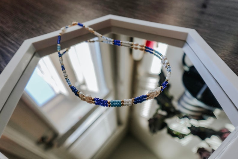 Italian Tiles Necklace Blue, White, Gold, and White Freshwater Pearls ...